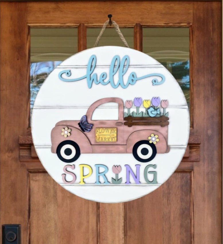 Hello Spring Vintage Flower Market Truck 3D Layered Wood Sign – Muddy ...