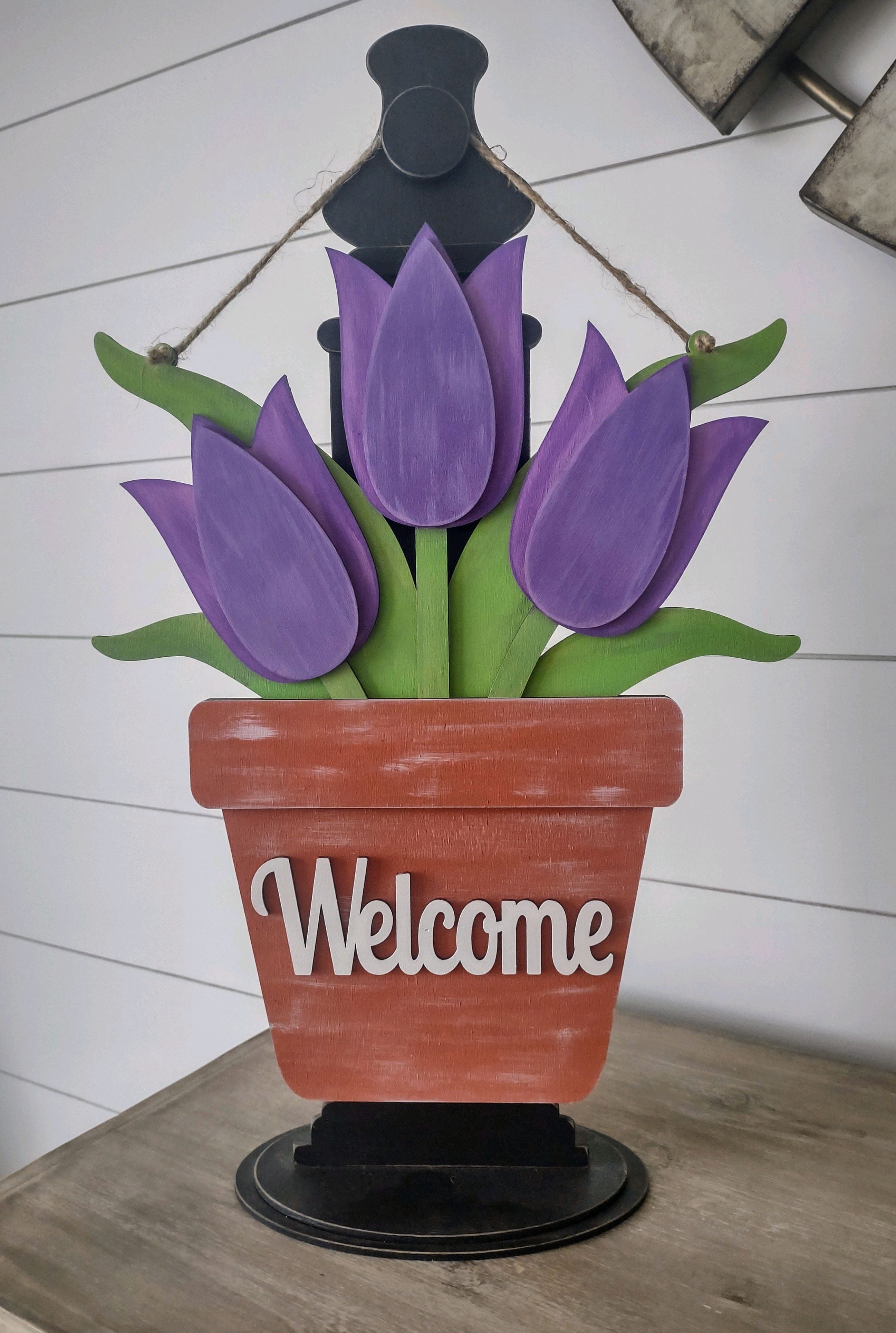 Welcome Tulip Pot 3D Layered Wood Sign – Muddy Paws Design Co.